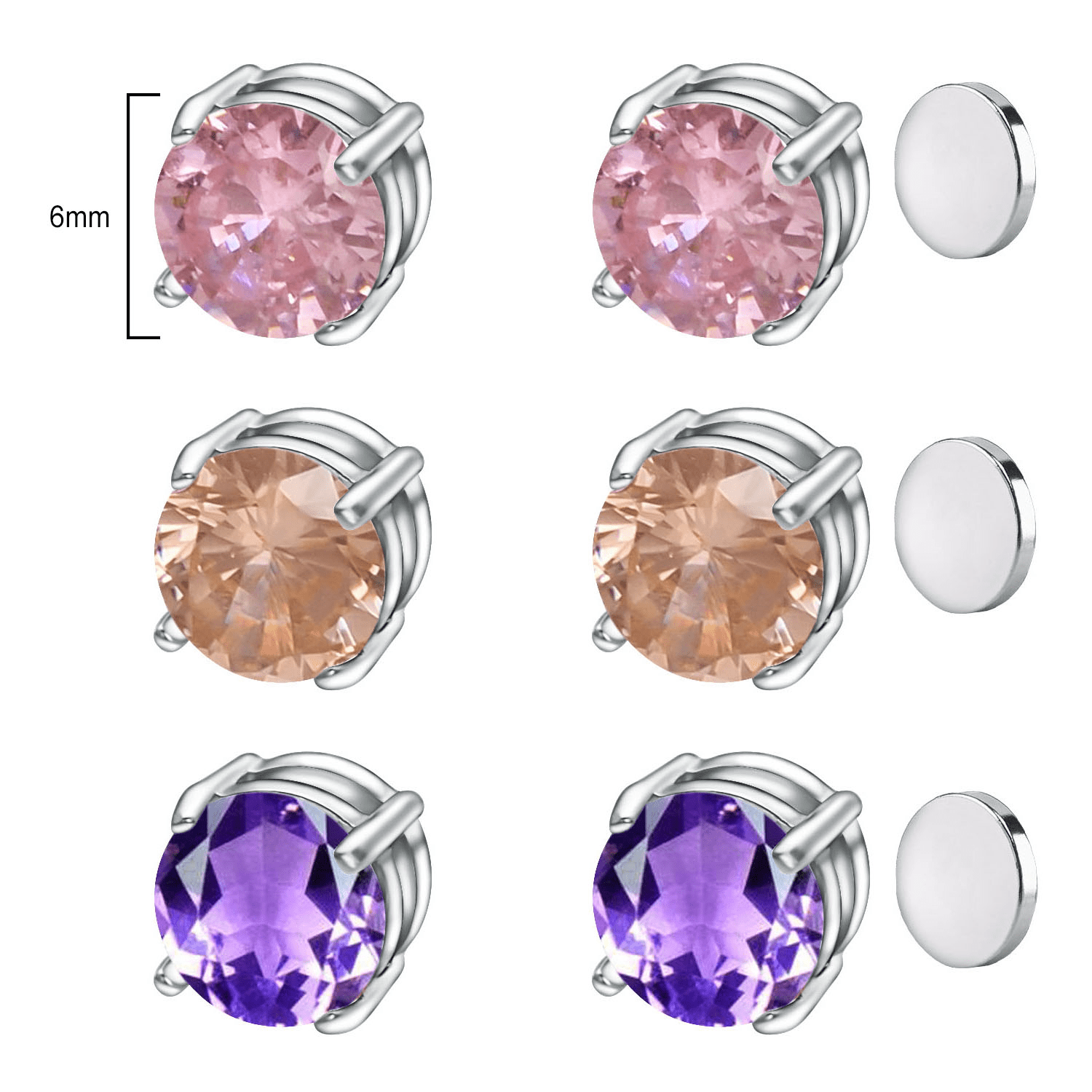 Airoki 3 Pairs Sets 6mm Earrings Fashion Popular CZ Crystal Stud ...