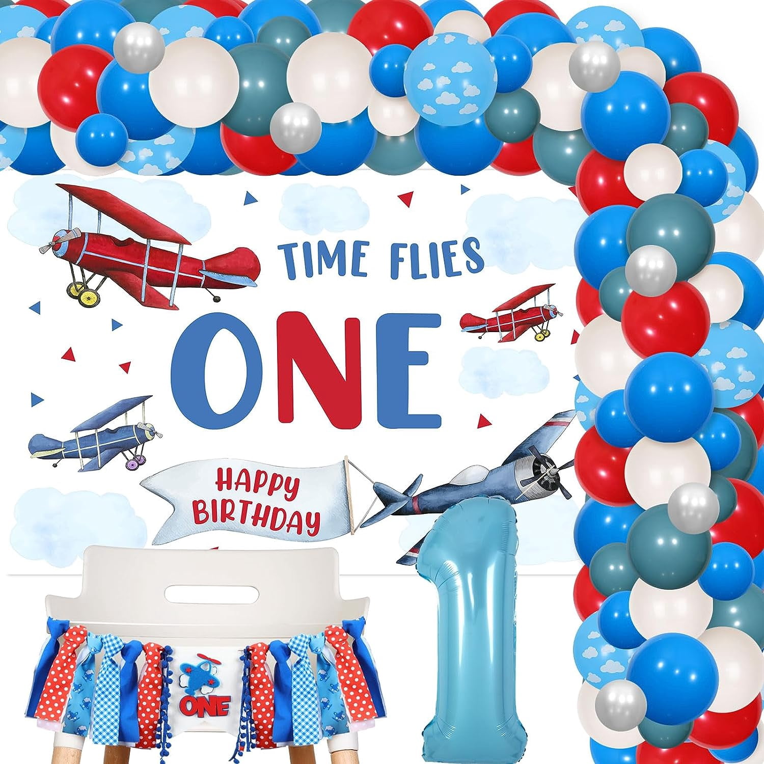 Airplane 1st Birthday Party Decor Vintage Time Flies Airplane Balloon ...