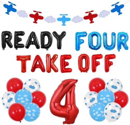 Airplane 4th Birthday Party Decorations for Boys Ready Four Take Off ...
