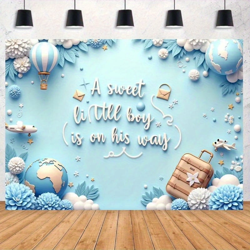 Airplane Adventure Baby Shower Backdrop Blue A Sweet Little Boy is on ...