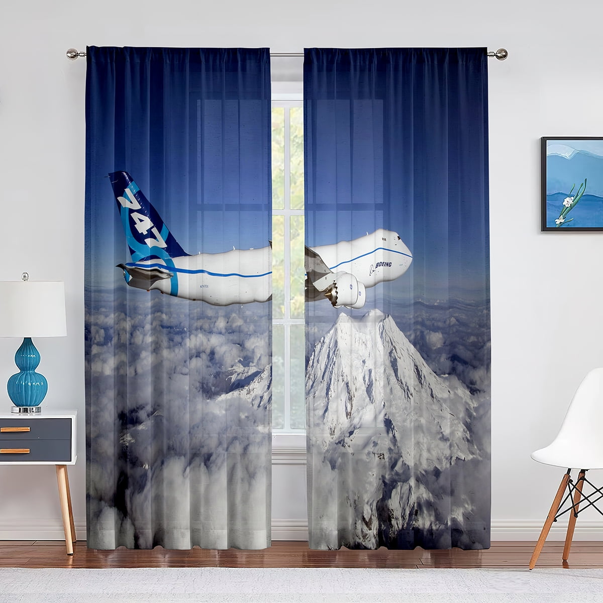 Airplane Aviation Runway Blue Sky Clouds Thin Curtains for Living Room ...