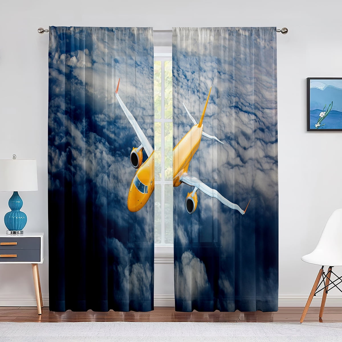 Airplane Aviation Runway Blue Sky Clouds Tulle Curtains for Living Room ...