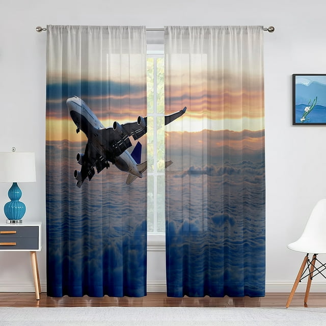 Airplane Aviation Runway Blue Sky Clouds Tulle Curtains for Living Room ...