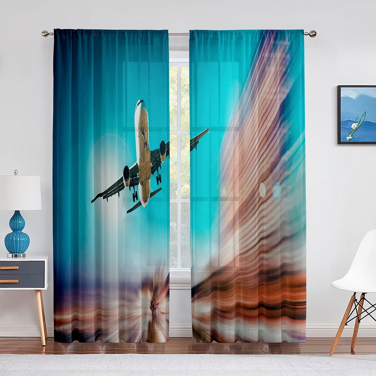 Airplane Aviation Runway Blue Sky Clouds Tulle Curtains for Living Room ...