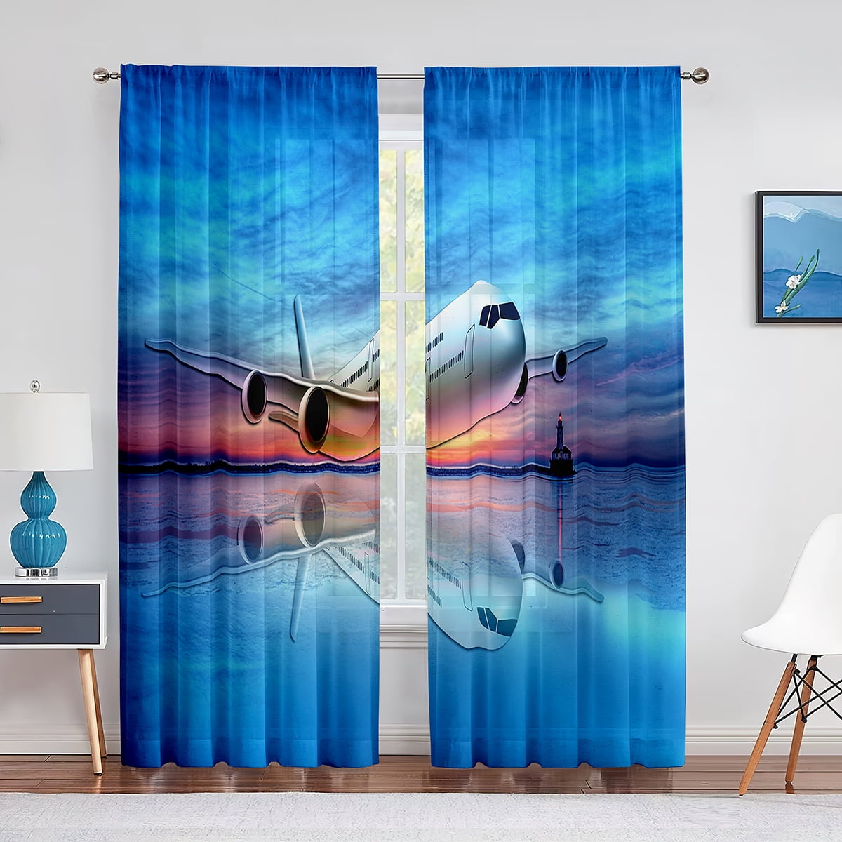 Airplane Aviation Runway Blue Sky Clouds Tulle Curtains for Living Room ...