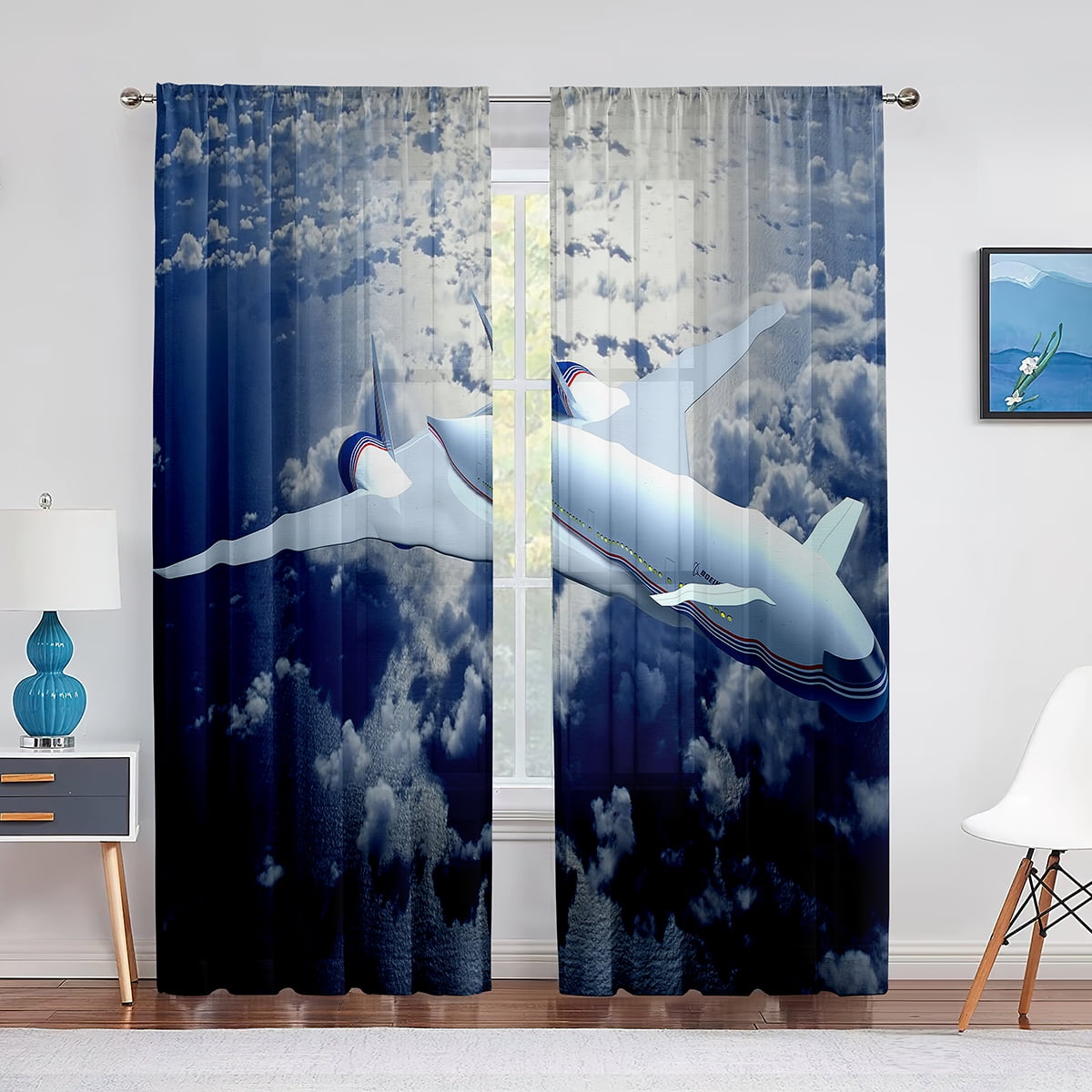 Airplane Aviation Runway Blue Sky Clouds Tulle Curtains for Living Room ...