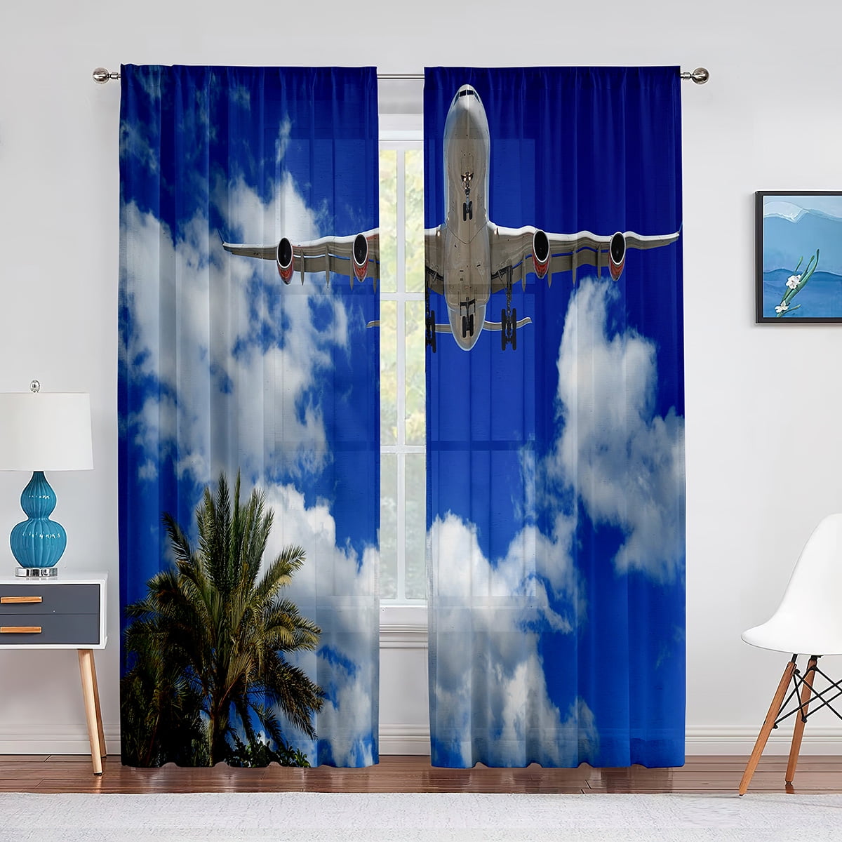 Airplane Aviation Runway Blue Sky Clouds Tulle Curtains for Living Room ...