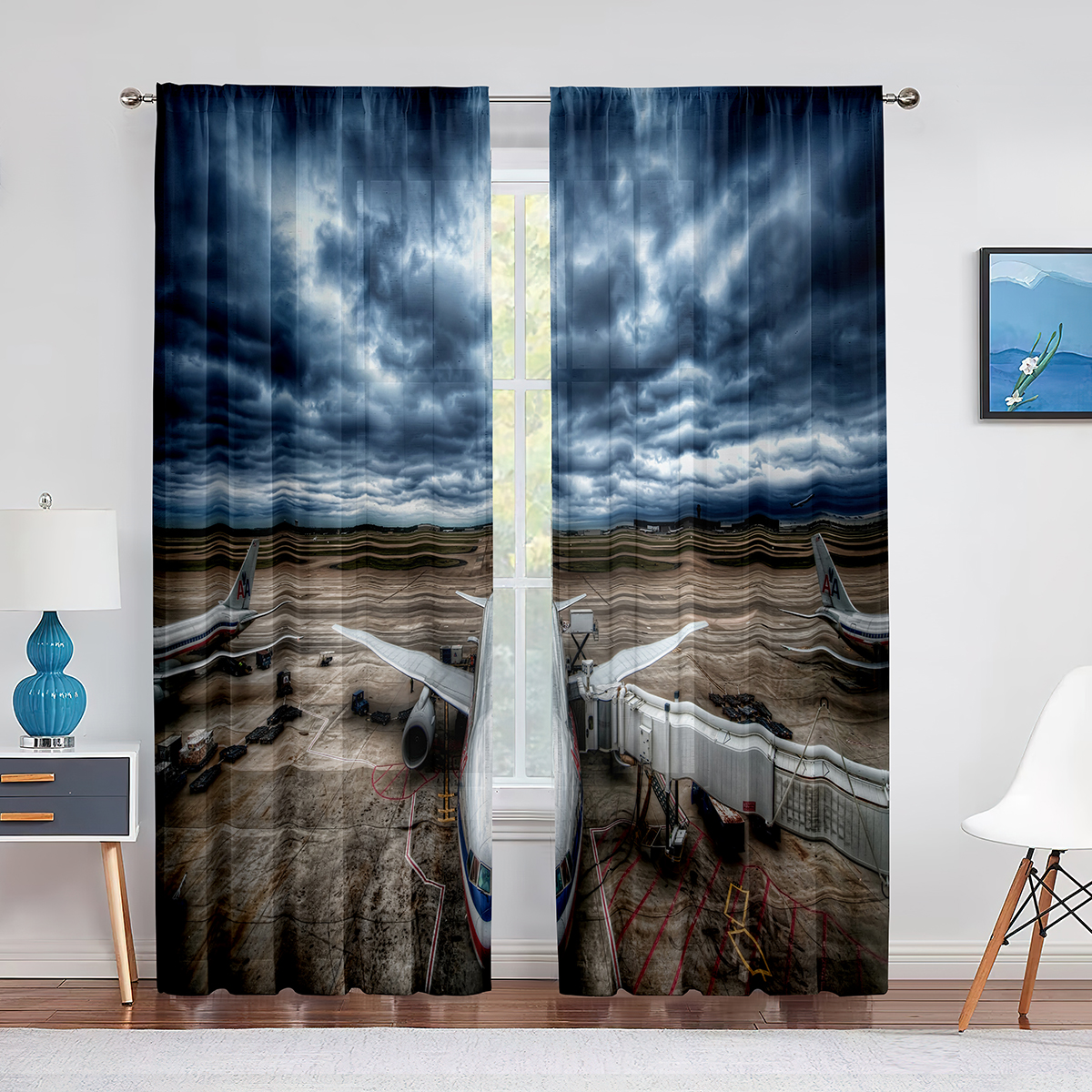 Airplane Aviation Runway Blue Sky Clouds Tulle Curtains for Living Room ...