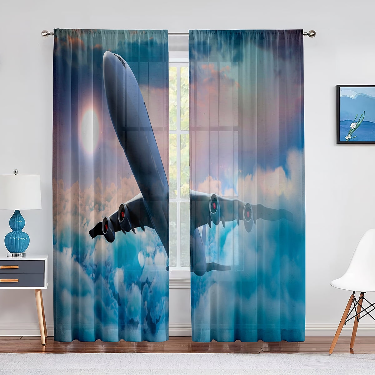 Airplane Aviation Runway Blue Sky Clouds Tulle Curtains for Living Room ...
