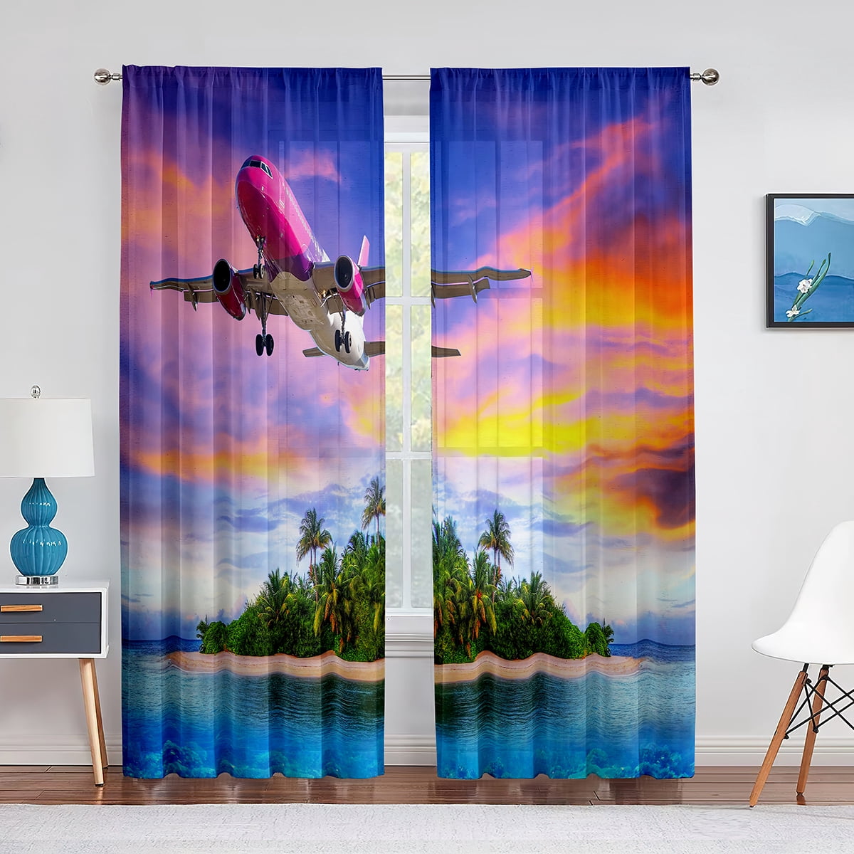 Airplane Aviation Runway Blue Sky Clouds Tulle Curtains for Living Room ...