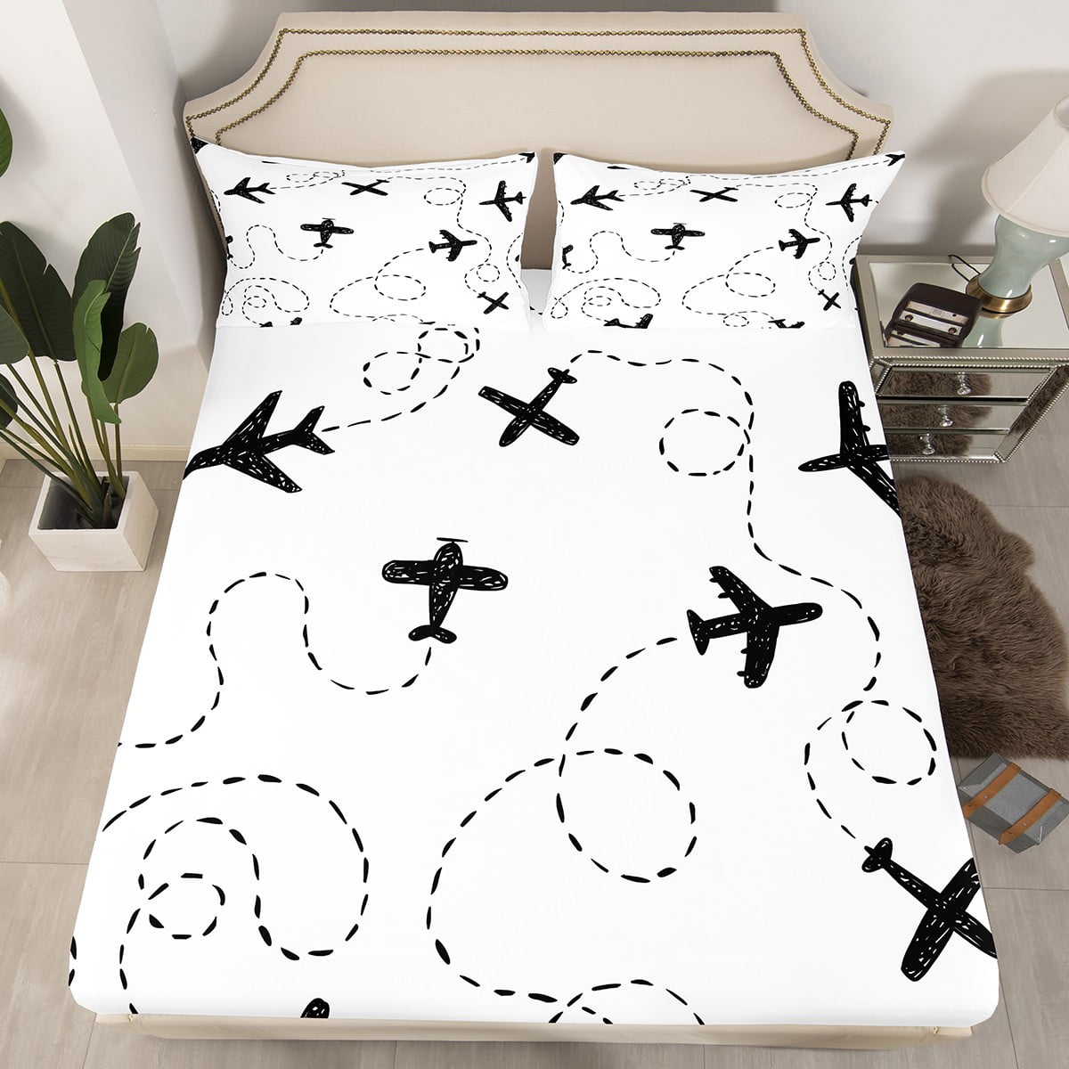 Airplane Bed Sheets Black Aviation Aircraft Fitted Sheet Queen,Fighter ...