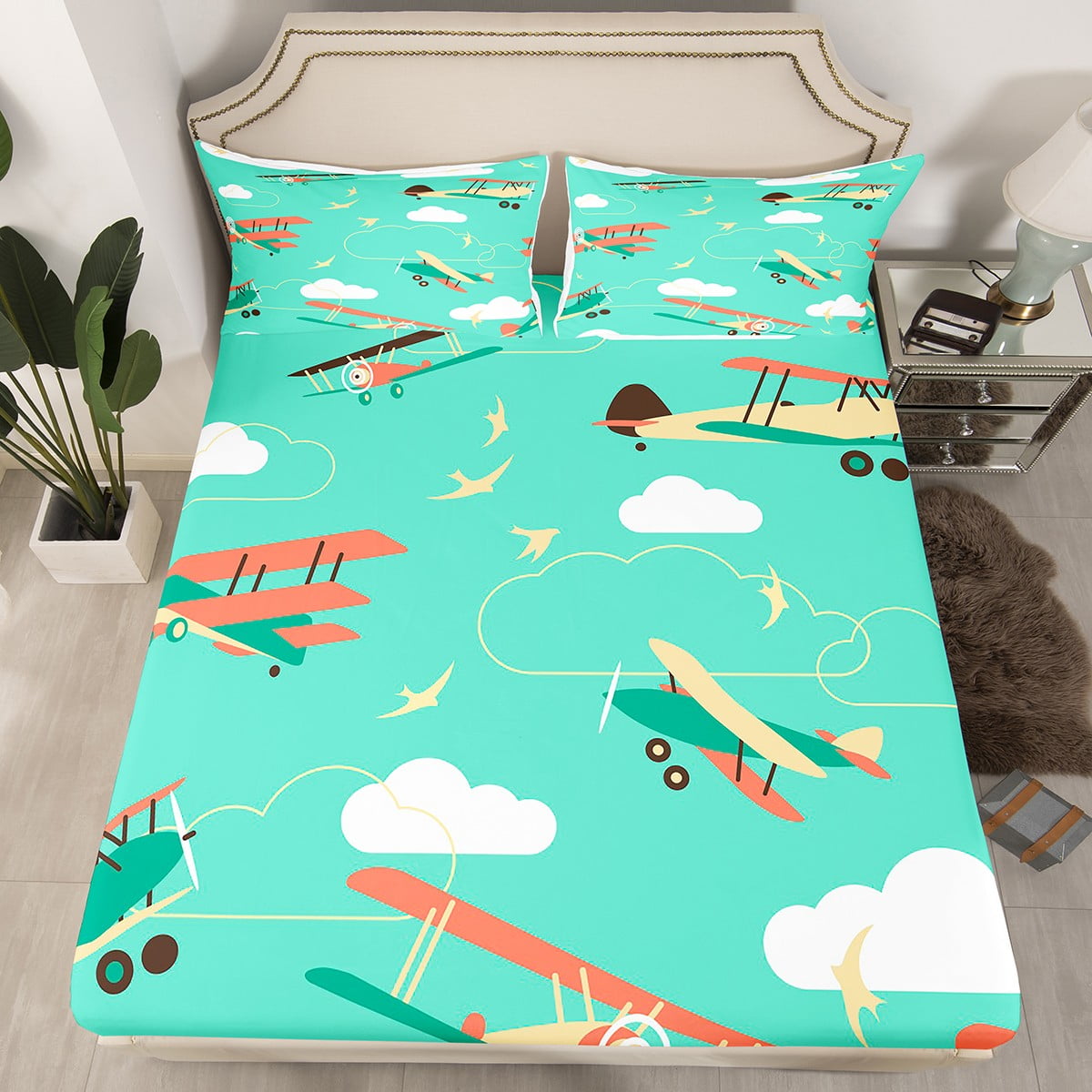 Airplane Bed Sheets Cartoon Aircraft Vehicles Bedding Set Cute Birds ...