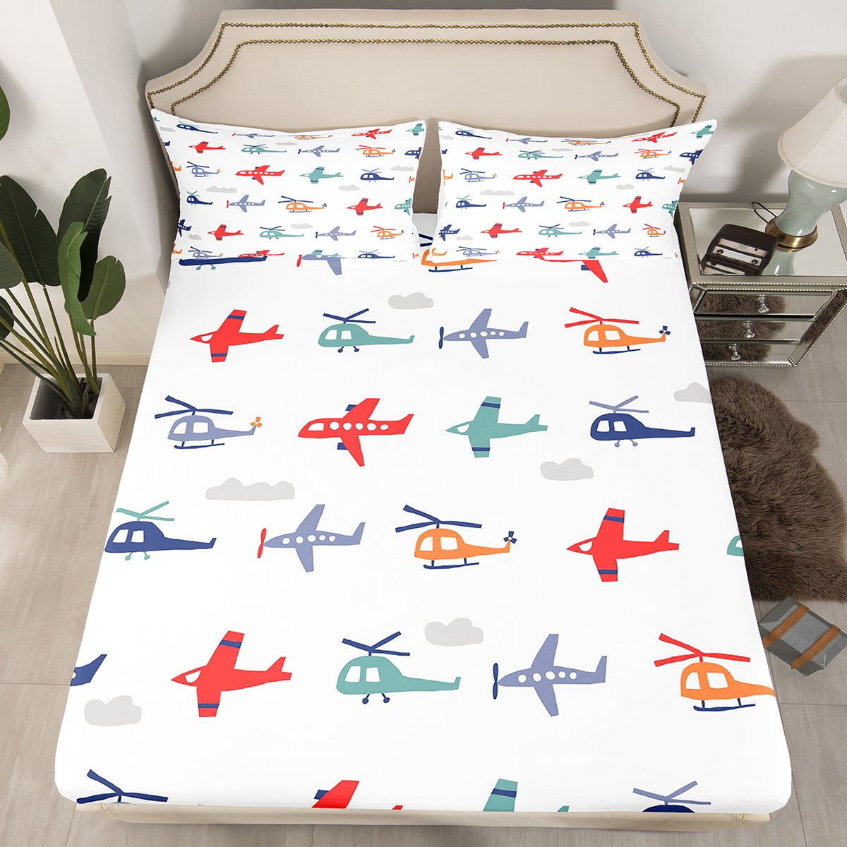 Airplane Bed Sheets Multicolor Aircraft Fitted Sheet Queen,Watercolor ...