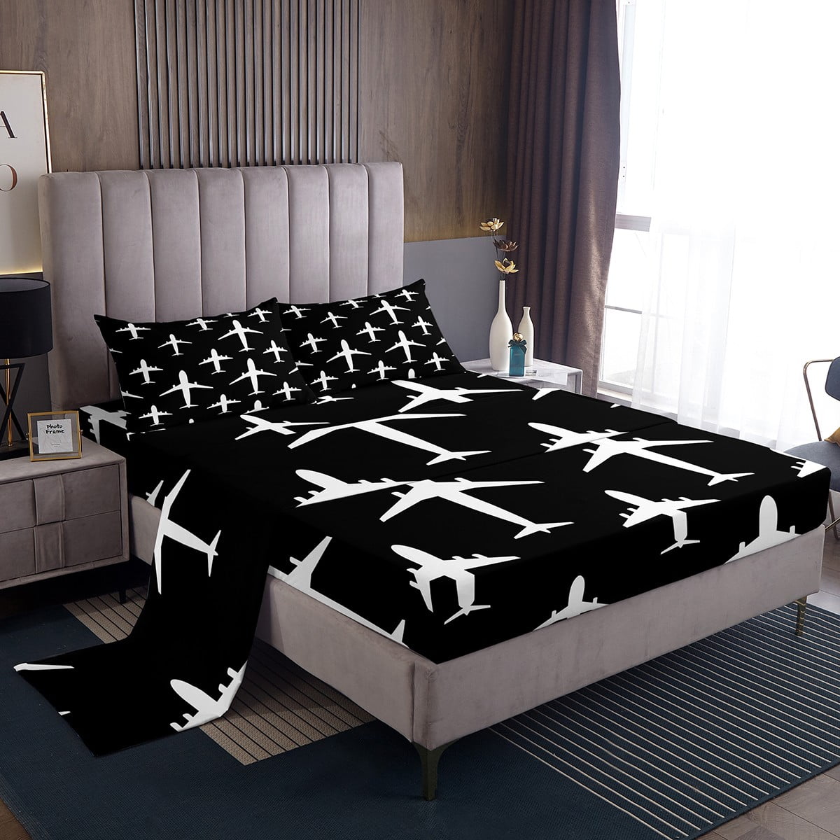 Airplane Bed Sheets Set Aircraft King Sheet Set ,Black and White Plane ...