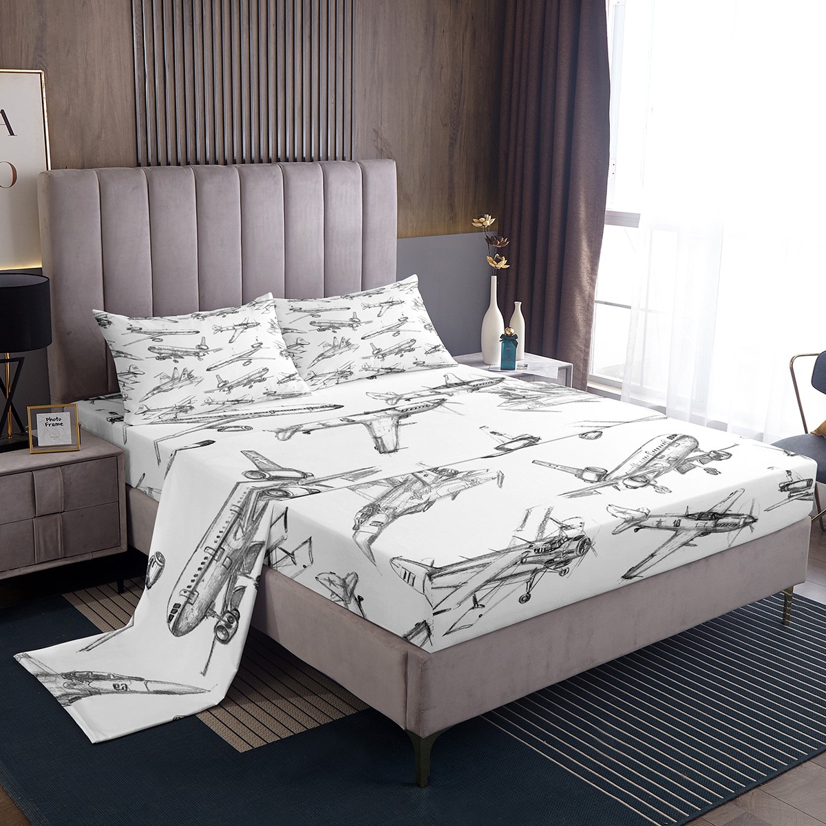 Airplane Bed Sheets Set Aviation Aircraft Plain Sketch King Sheet Set ...
