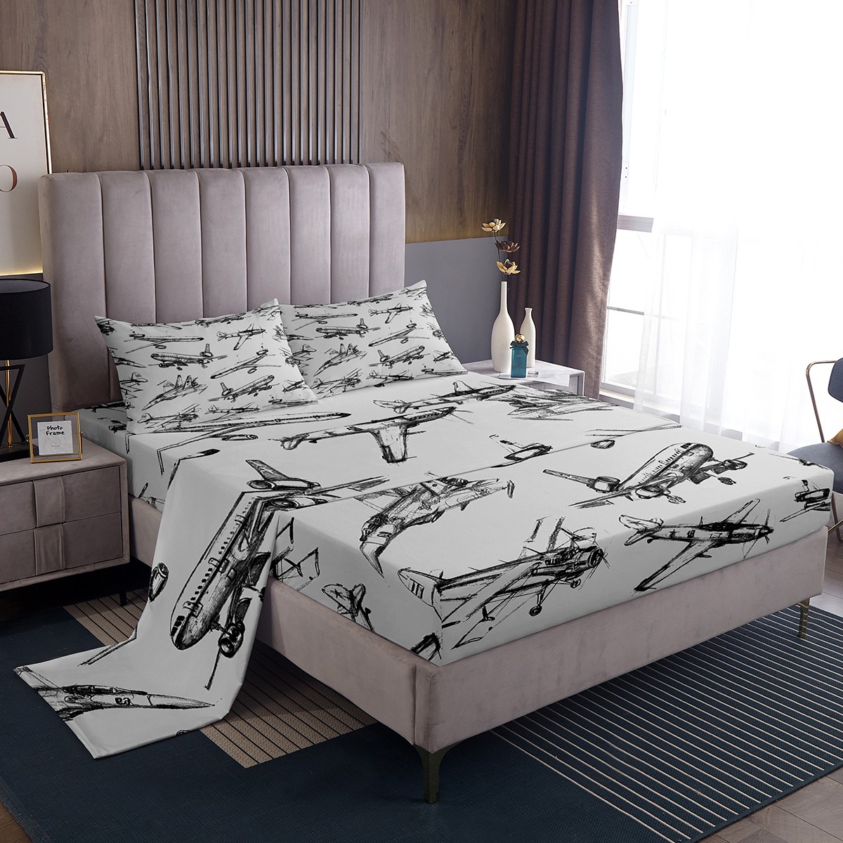 Airplane Bed Sheets Set Aviation Aircraft Plain Sketch Queen Sheet Set ...