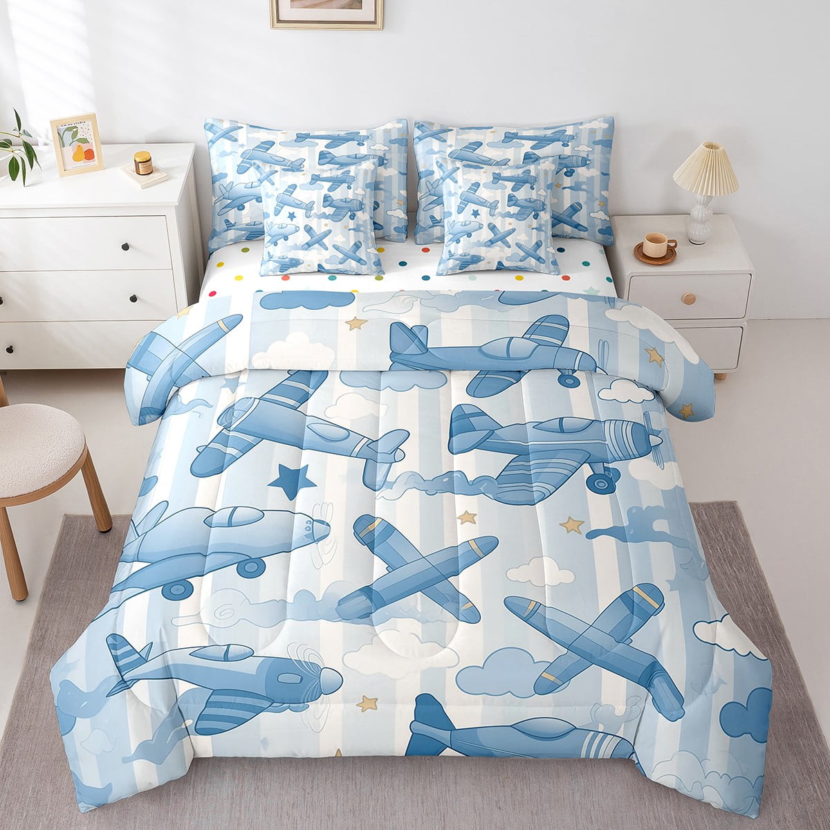 Airplane Bedding Set Aviation Aircraft Bed In A Bag 7Pcs Cloud Decor ...