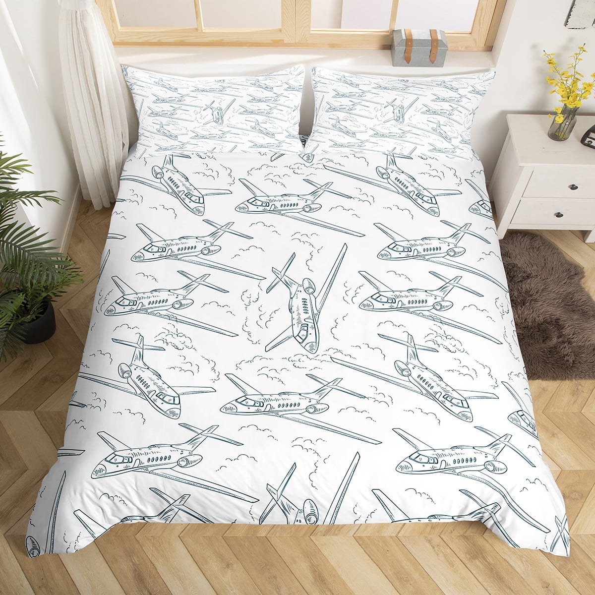 Airplane Bedding Set Aviation Aircraft Sketch Duvet Cover Full ...
