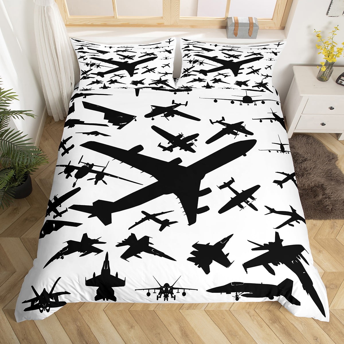 Airplane Bedding Set Black Aircraft Silhouette Duvet Cover Queen ...