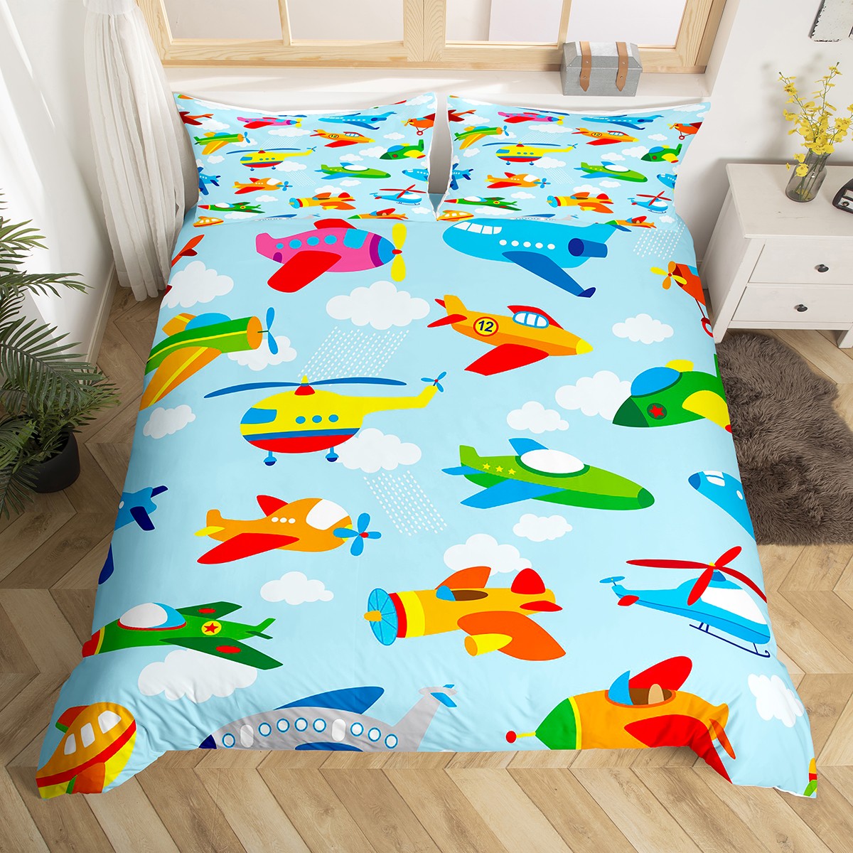 Airplane Bedding Set Multicolor Aircraft Duvet Cover King,Watercolor ...