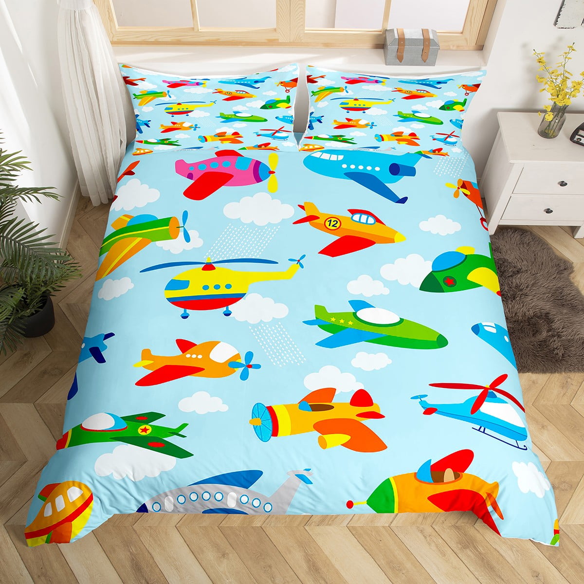 Airplane Bedding Set Multicolor Aircraft Duvet Cover Queen,Watercolor ...