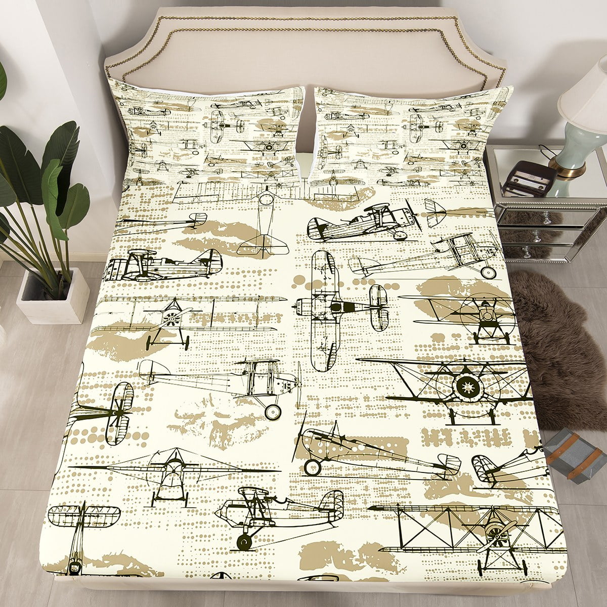 Airplane Bedding Set Queen Size Retro Propeller Airplane Fitted Sheet ...
