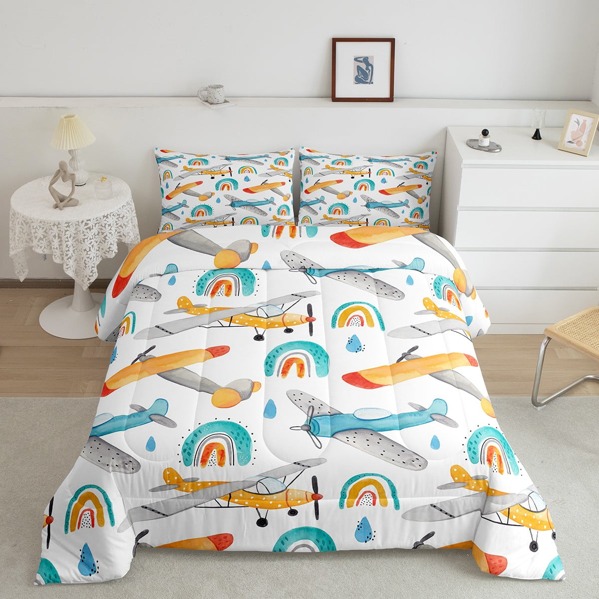 Airplane Bedding Set Rainbow Comforter Set Twin,Watercolor Aircraft ...