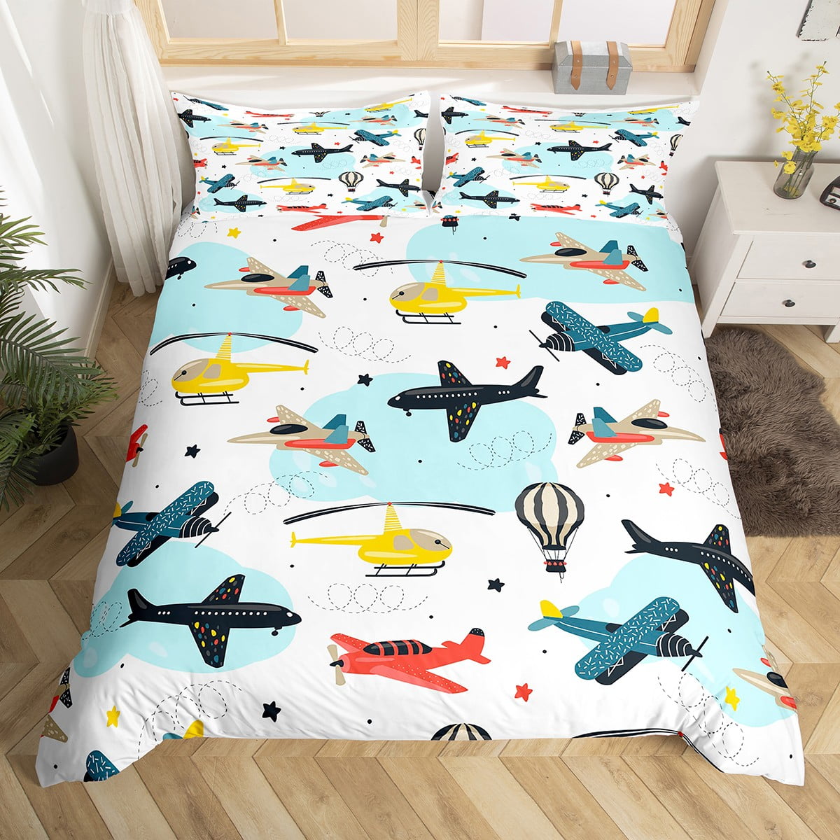 Airplane Bedding Set Watercolor Aircraft Comforter Cover Queen,Cartoon ...