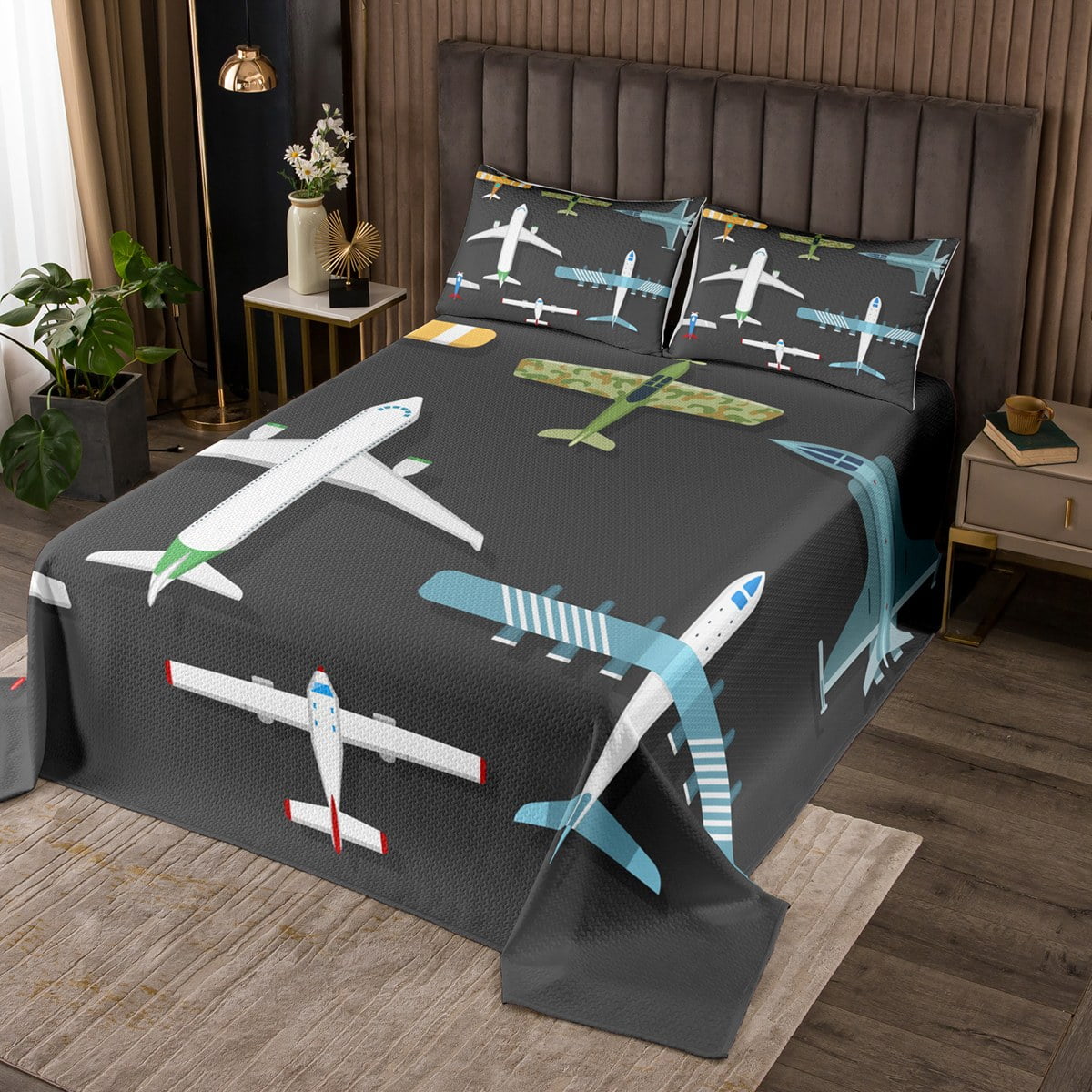 Airplane Bedspread Set Twin Size,Aircraft Print Coverlet Set for Kids ...