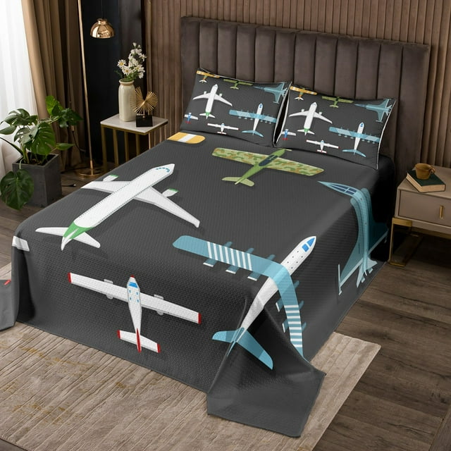 Airplane Bedspread Set Twin Size,Aircraft Print Coverlet Set for Kids ...
