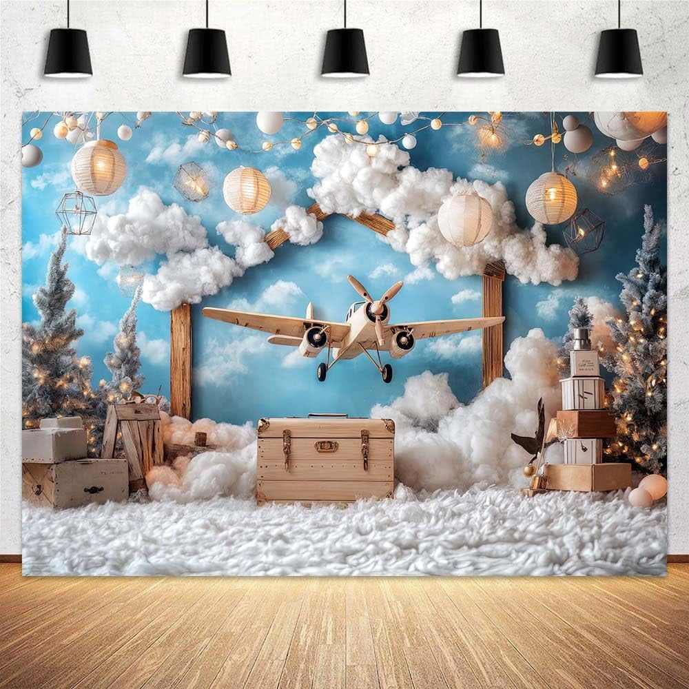 Airplane Birthday Backdrop Wooden Toy Airplane Blue Sky Adventure Theme ...