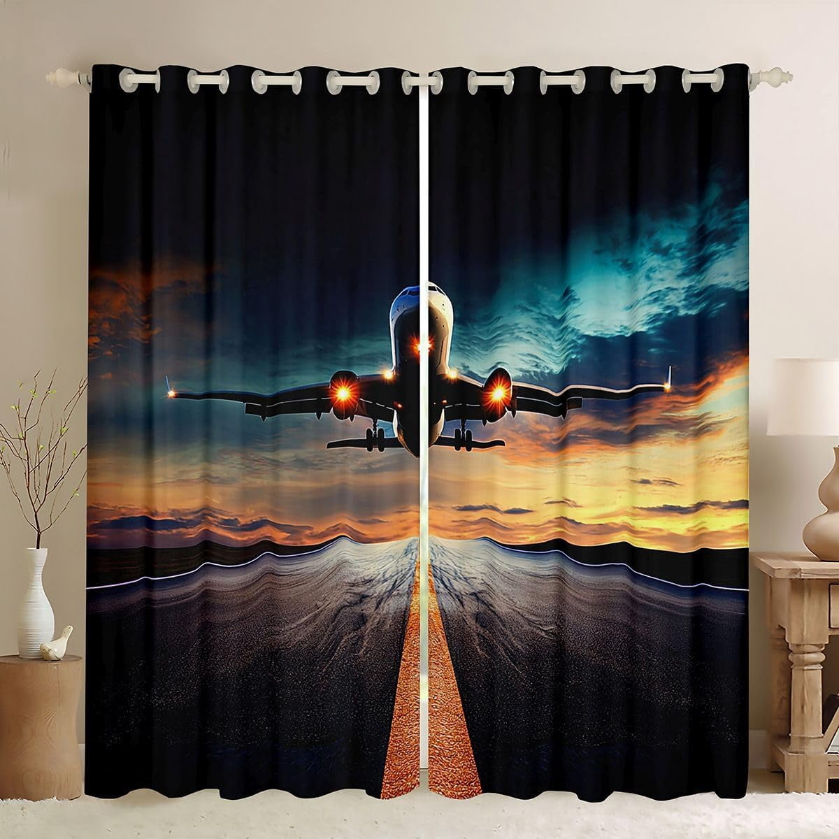 Airplane Blackout Curtains Sunset Darkening Curtains Boys Men Aviation ...