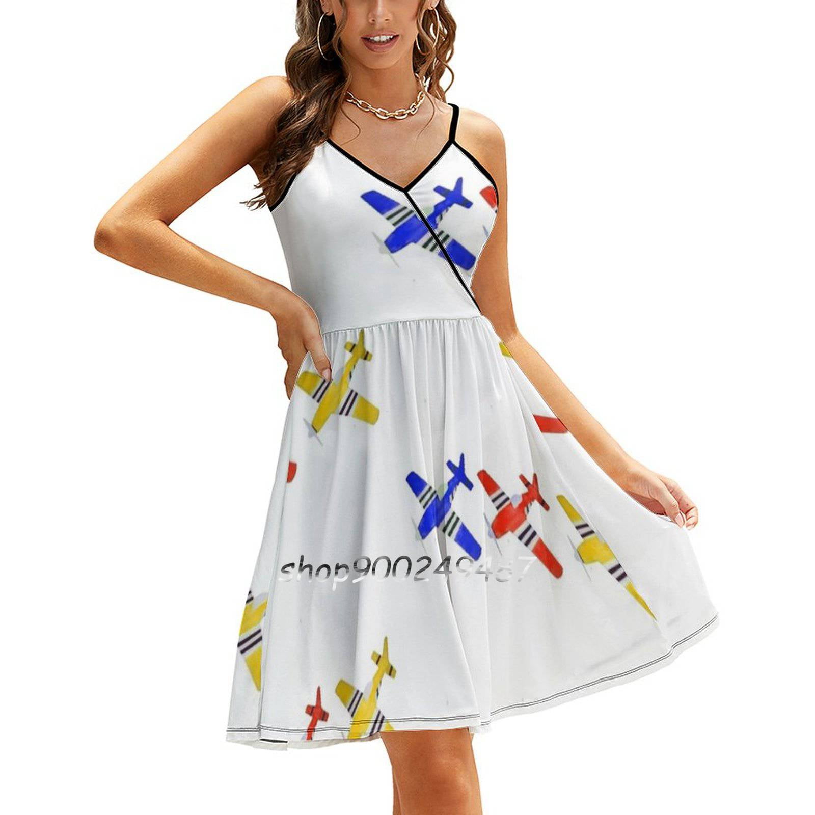 Airplane Blue Red Yellow Sweet Elegant Dress Women Korean Kawaii Square ...