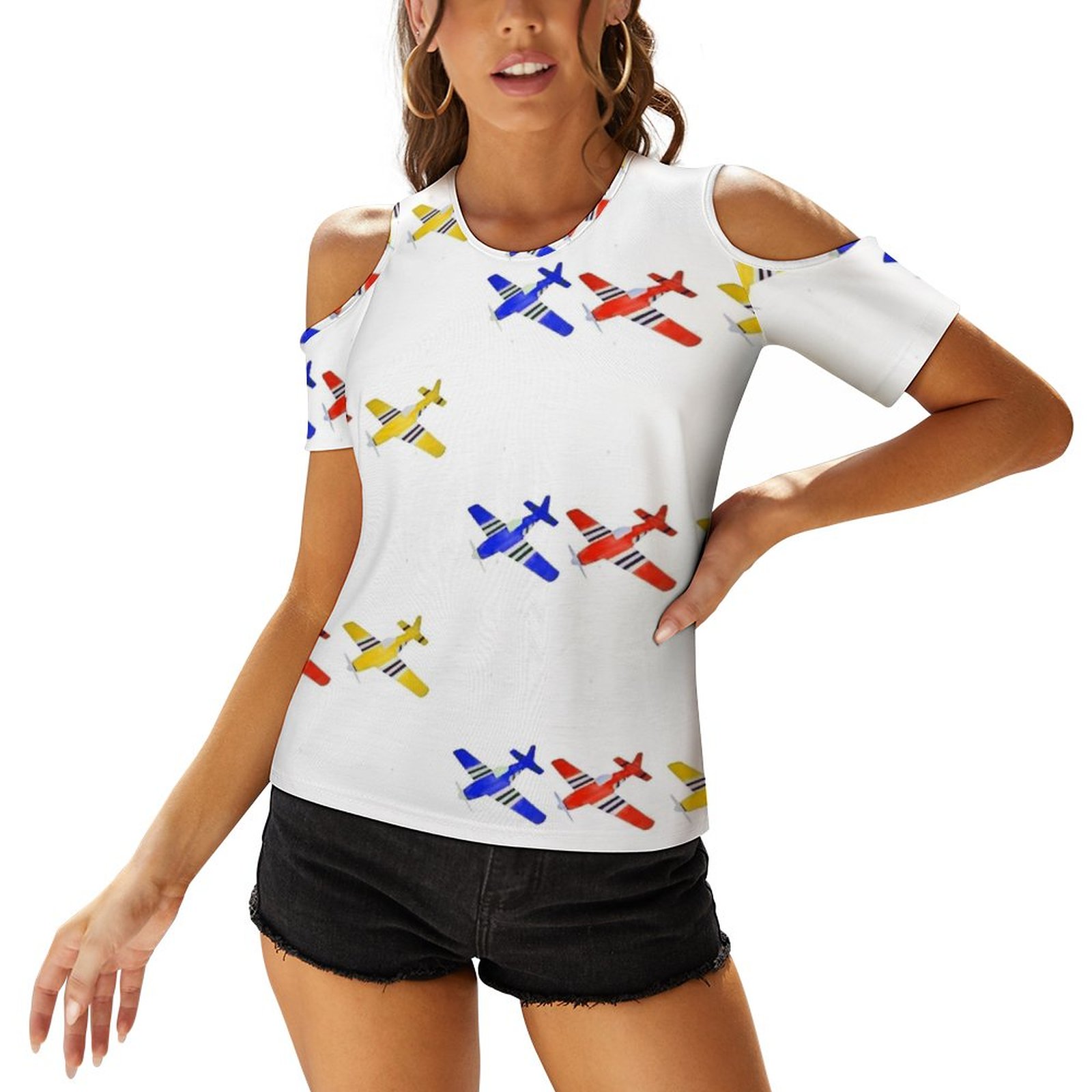 Airplane Blue Red Yellow Women Short Sleeve Tops O-Neck Hollow Out ...