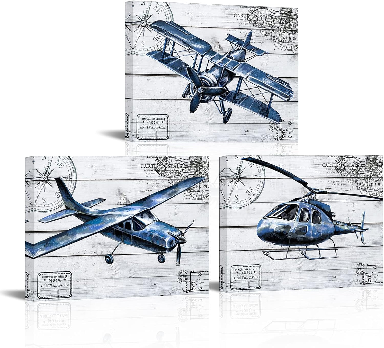 Airplane Canvas Picture Wall Art Navy Blue Propeller Plane Helicopter ...