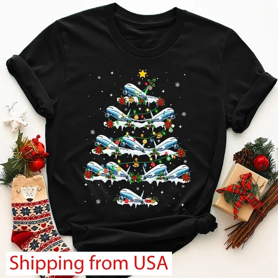 Airplane Christmas Tree Pilot Aviation Lover Festive Holiday Unisex T ...