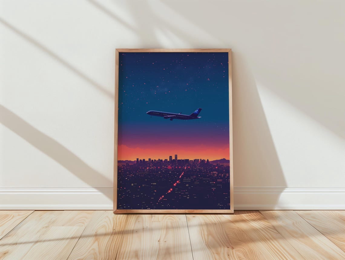 Airplane Cityscape Sunset Modern Aviation Blue Orange Poster Unframed ...