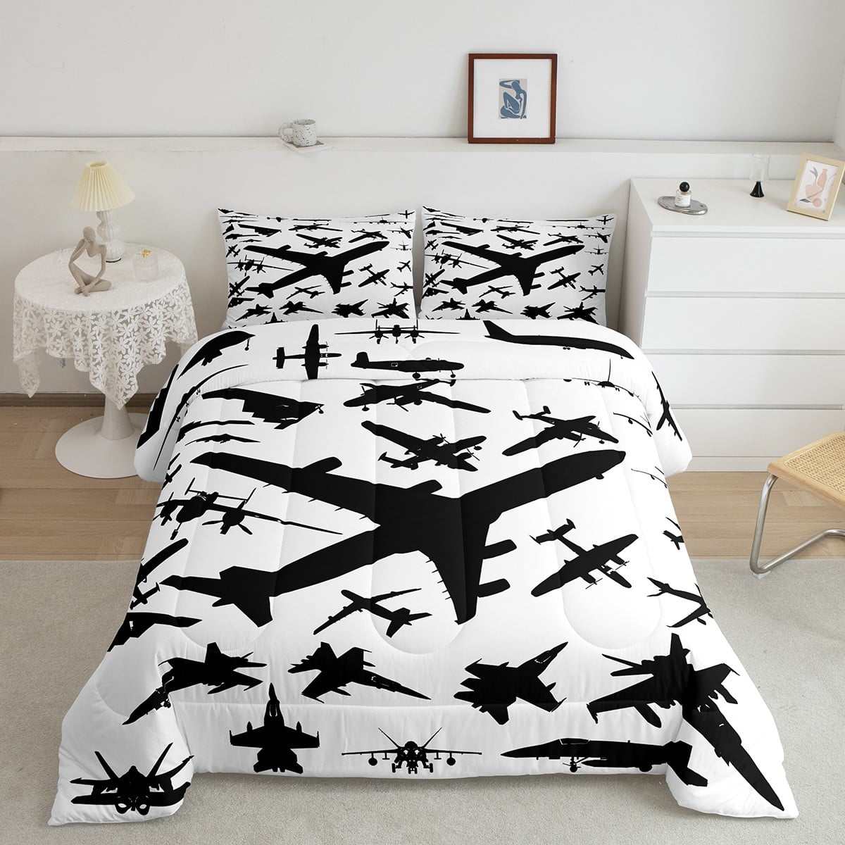 Airplane Comforter Set Black Aircraft Silhouette Bedding Set Twin ...