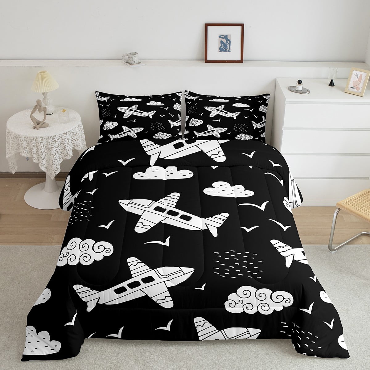 Airplane Comforter Set Black and White Aircraft Bedding Set Queen,Cute ...