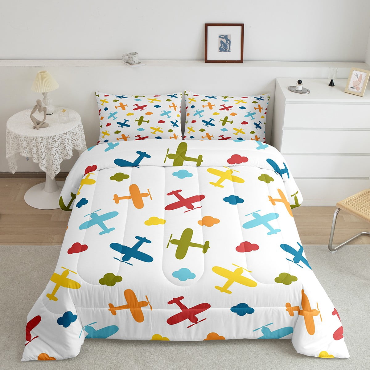 Airplane Comforter Set Multicolor Aircraft Bedding Set Queen,Watercolor ...