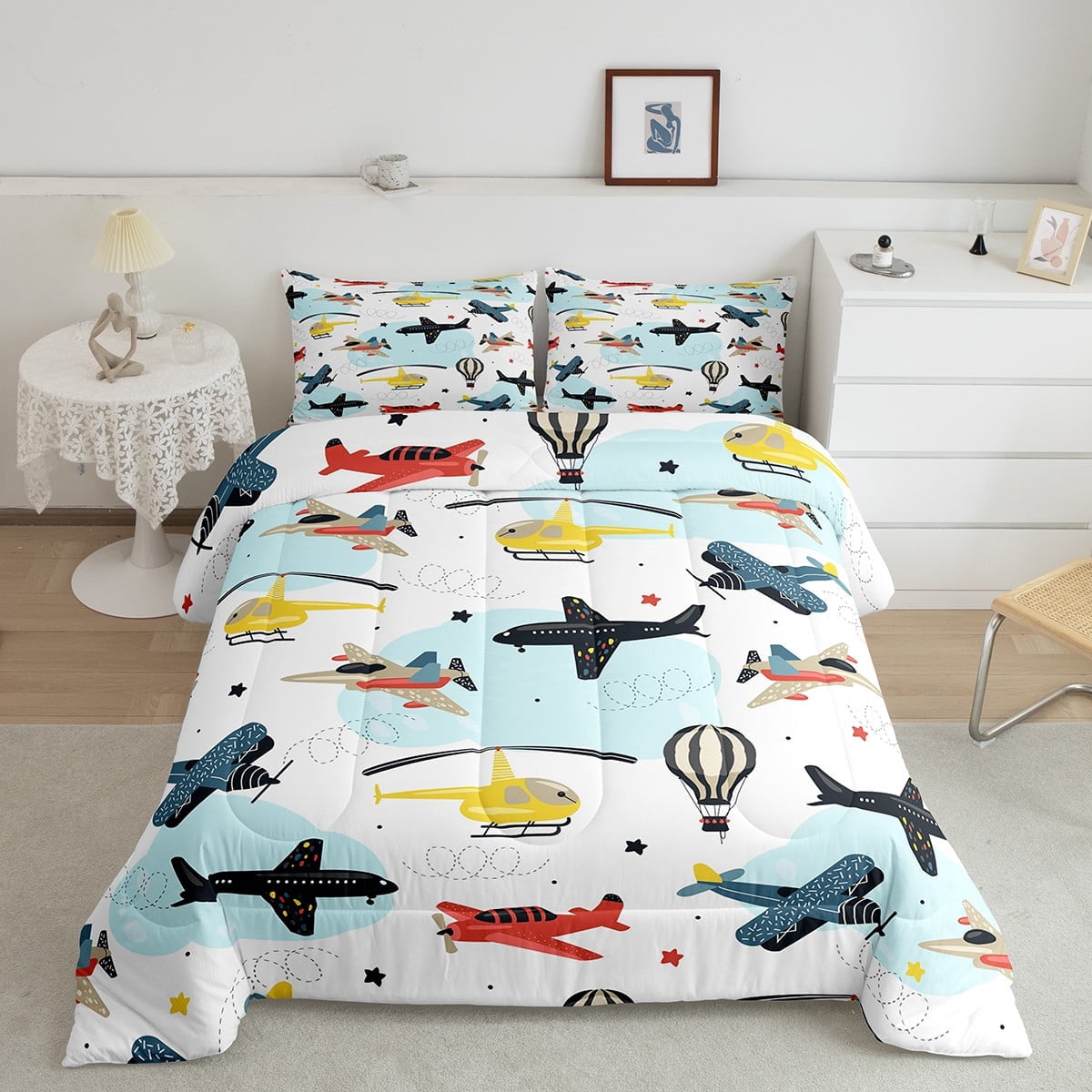 Airplane Comforter Set Watercolor Aircraft Quilt Queen,Cartoon Fighter ...