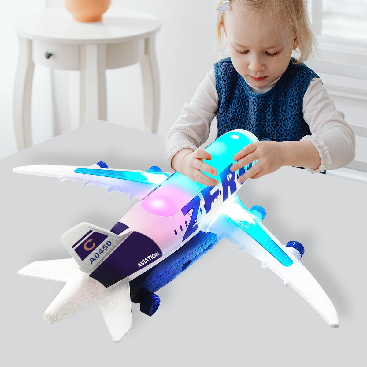 Qishi Airplane Toy for Kids, LED Flashing Lights and Sounds, Durable ...