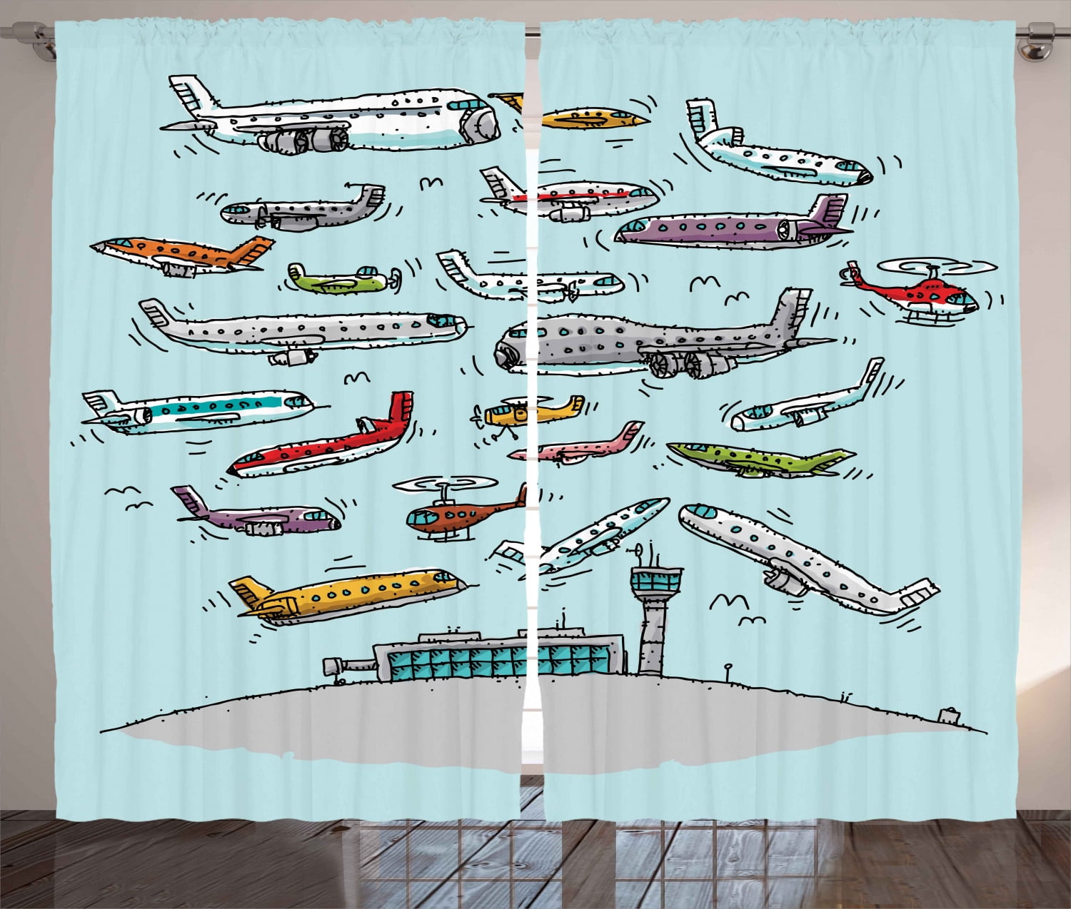 Ambesonne Aviation Curtains 2 Panel Set, Airplanes Helicopters, 108" x ...