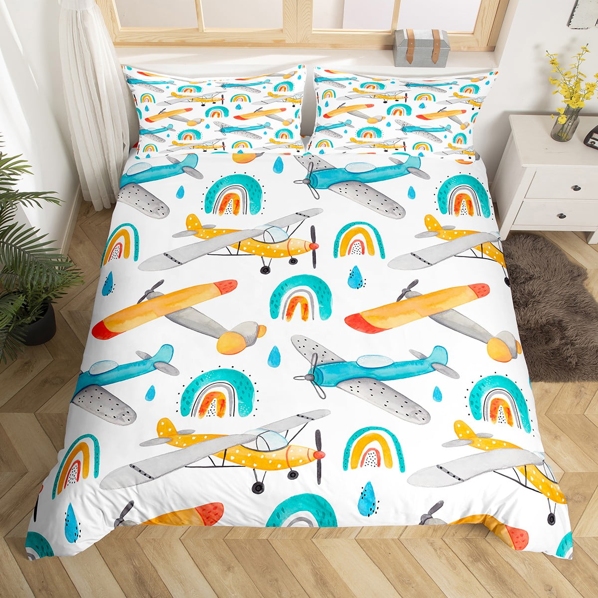 Airplane Duvet Cover Rainbow Bedding Set Twin,Watercolor Aircraft ...