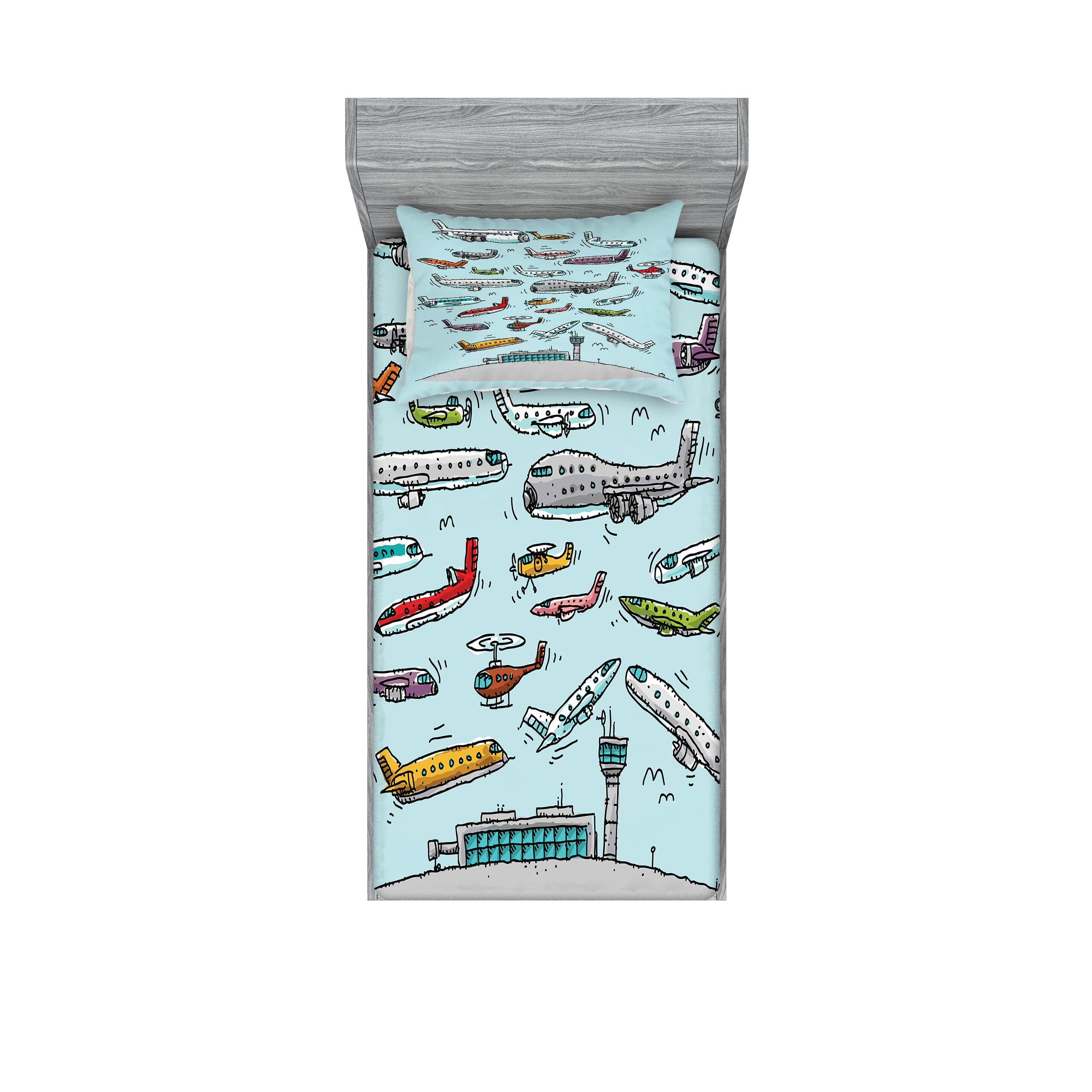 Airplane Fitted Sheet & Pillow Sham Set, Planes Fying in Air Aviation ...