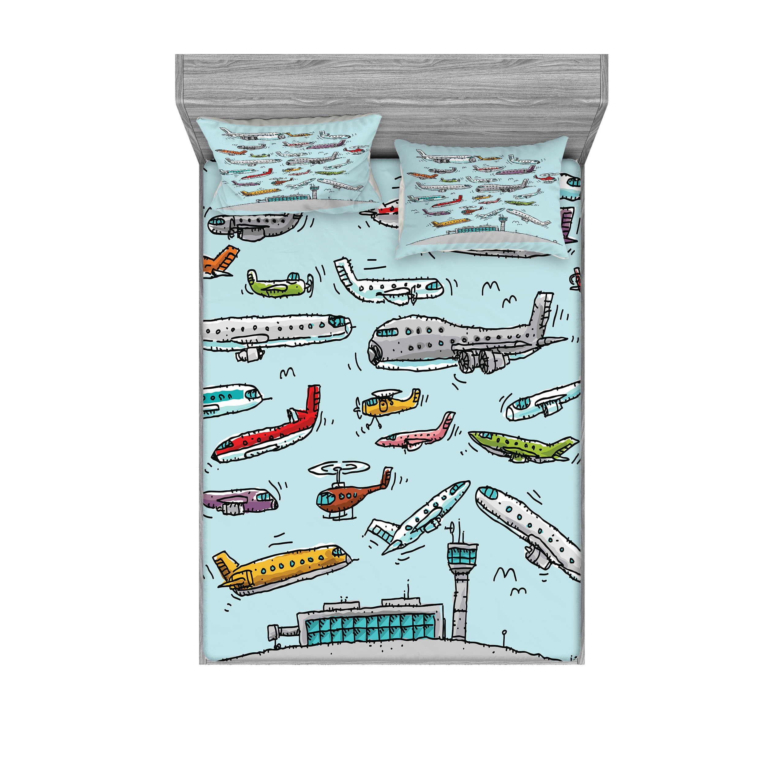 Airplane Fitted Sheet & Pillow Sham Set, Planes Fying in Air Aviation ...