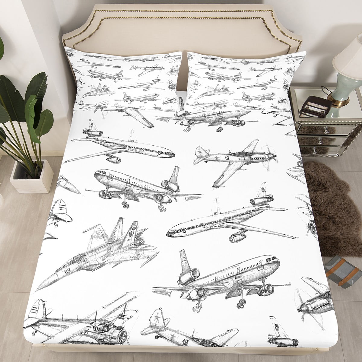 Airplane Fitted Sheet Aviation Aircraft Plain Sketch Twin Bed Sheets ...