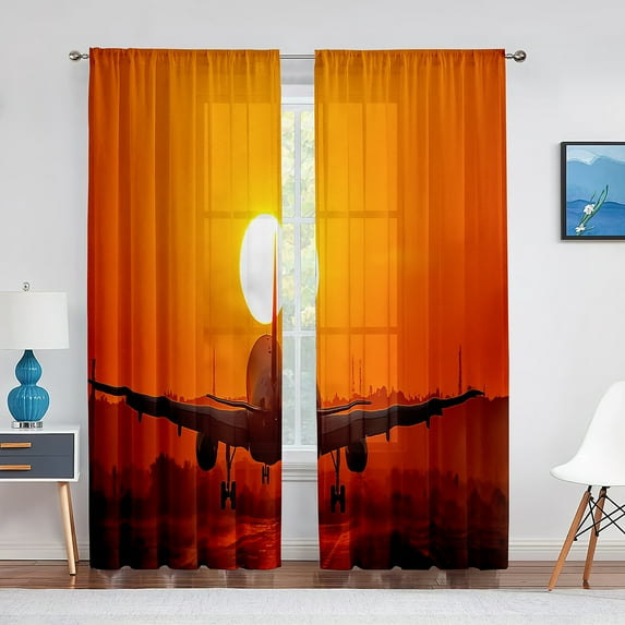 Airplane Flying Over The Sea Sunset Natural Sheer Curtains for Living ...