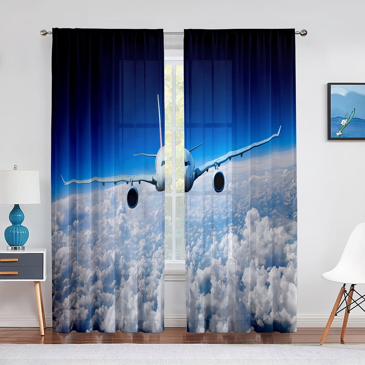 Airplane Flying Over The Sea Sunset Natural Sheer Curtains for Living ...