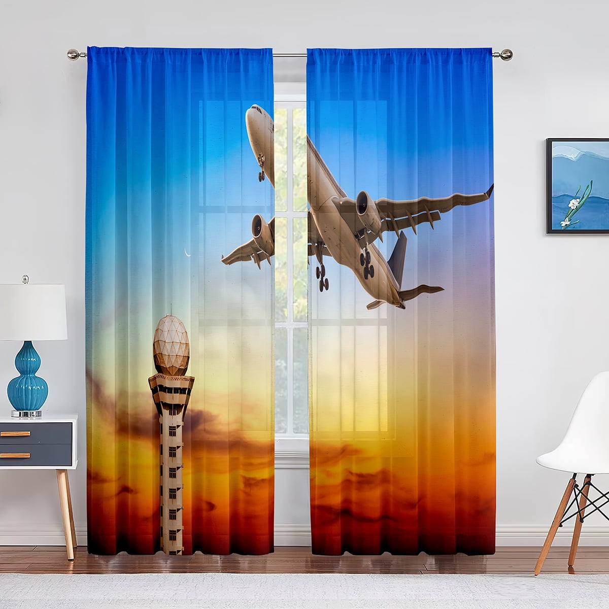 Airplane Flying Over The Sea Sunset Natural Sheer Curtains for Living ...